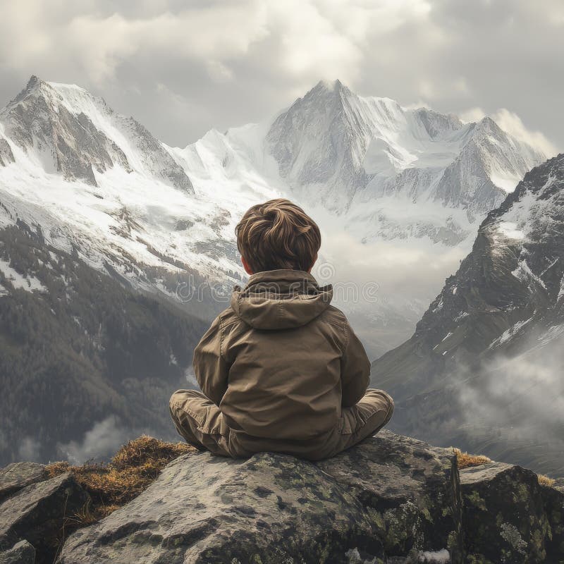 Back View of a Boy Sitting on a Rock and Looking at the Mountains ...