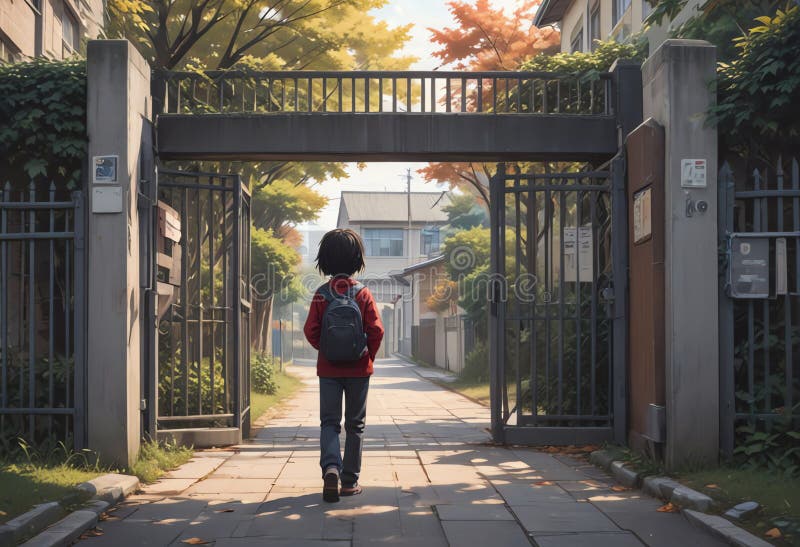 Back View Boy Student Walking To School Gate Stock Illustration ...