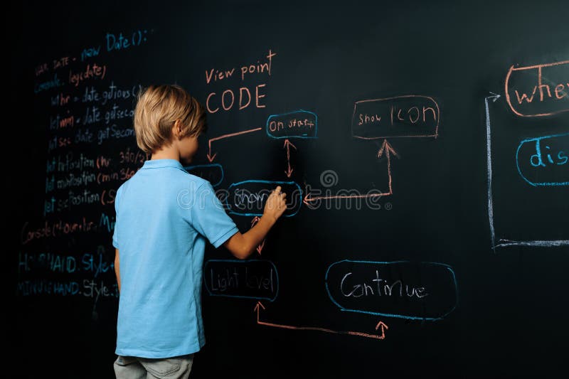 Back View of Boy Write Code on Blackboard while Stand and Thinking ...