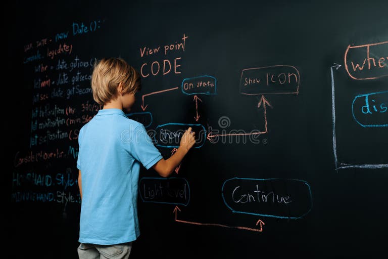 Back View of Boy Write Code on Blackboard while Stand and Thinking ...