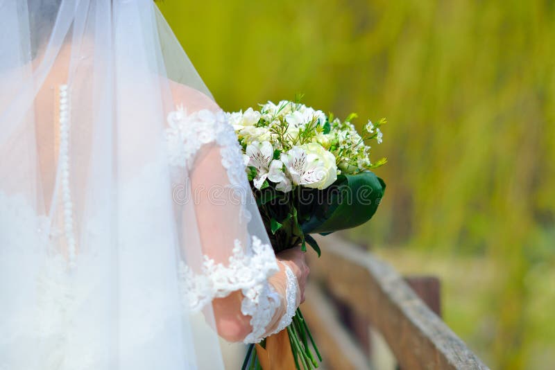 Back View of Bride with Wedding Bouquet Stock Photo - Image of husband ...