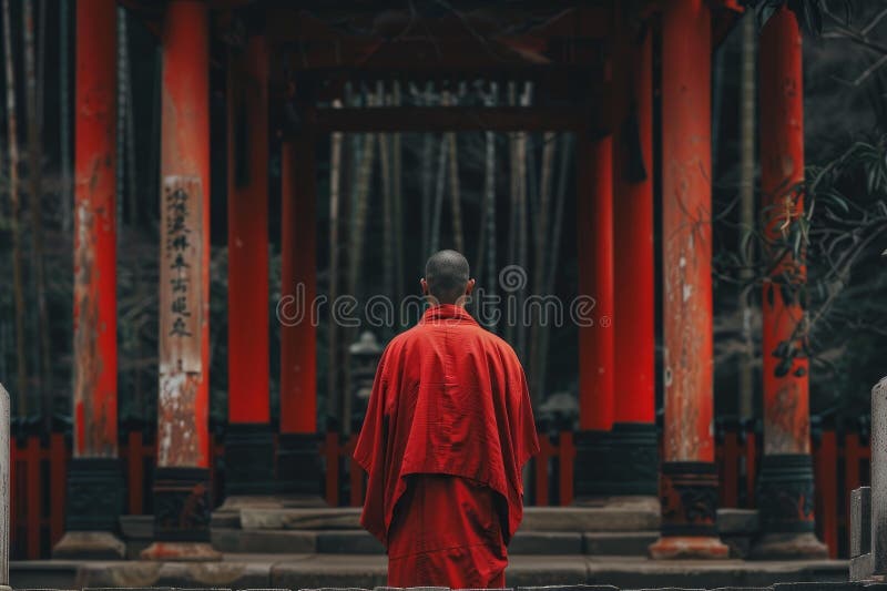 Buddhist Monk Wearing Red Robe Standing in Front of a Temple Gate in ...