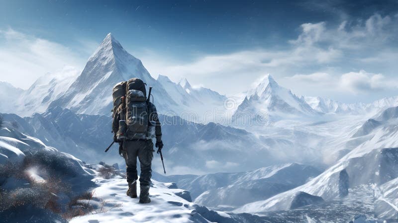 Back View of Bundled-up Explorer Against Snow-covered Peaks Stock ...