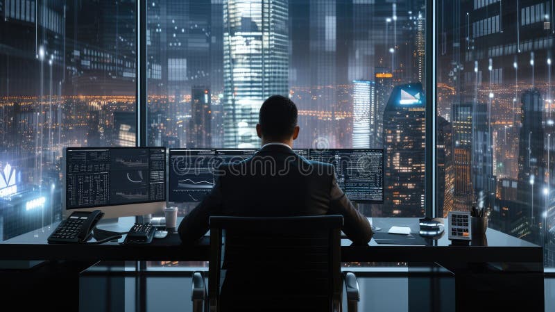 Back View of Business Man Working while Using Computer at Night Office ...