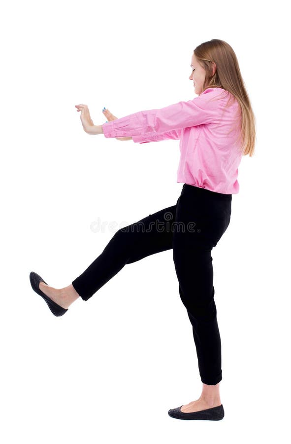 Back View of Business Woman Pushes Wall. Stock Image - Image of human ... Back View of Business Woman Pushes Wall. Stock Image - Image of human ...