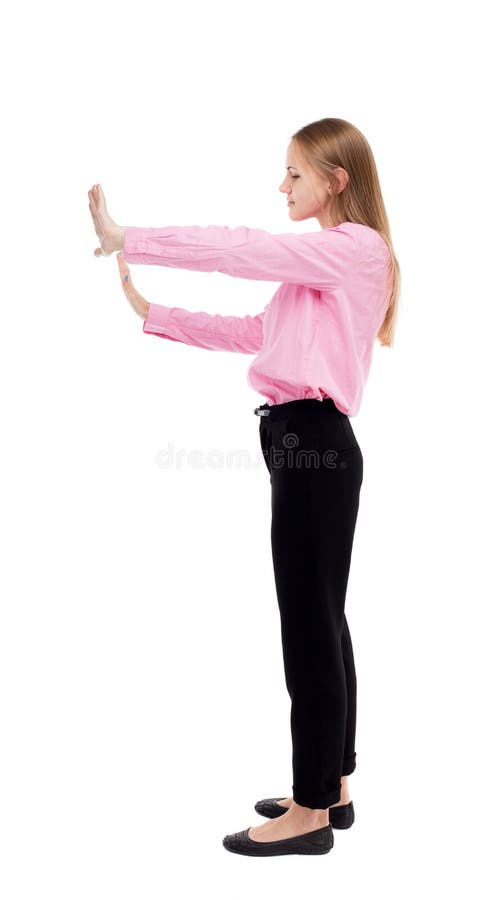 Back View of Business Woman Pushes Wall. Stock Image - Image of human ... Back View of Business Woman Pushes Wall. Stock Image - Image of human ...
