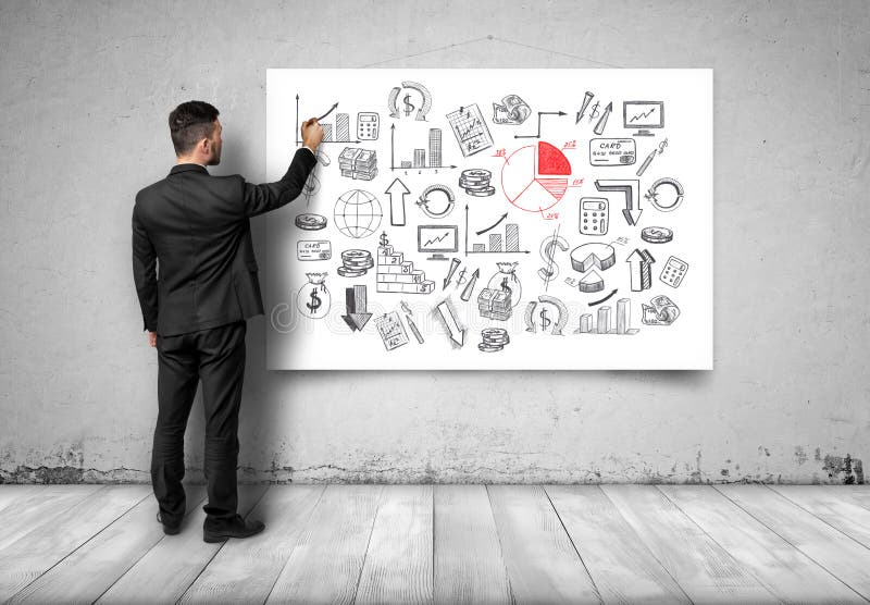 Back View of Businessman Drawing Economic Graphics on White Canvas ...