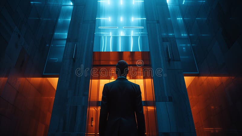Back View of Businessman Entering Sleek Elevator in Contemporary ...