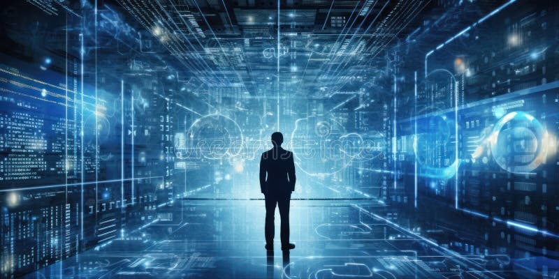 Back View of Businessman Looking at Virtual Technology Interface Stock ...