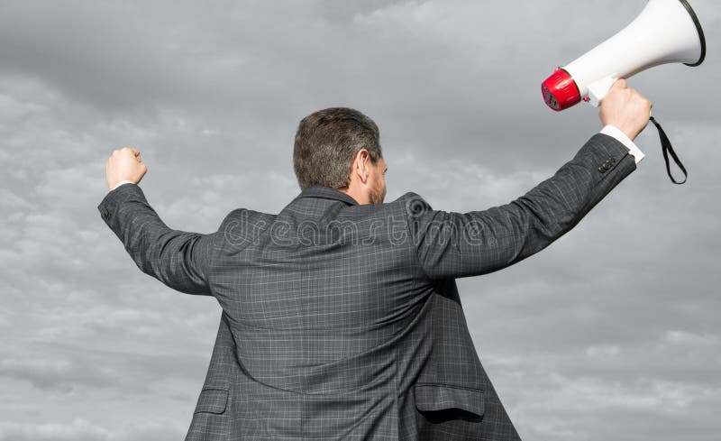 Back View of Businessman Hold Megaphone on Sky Background Stock Image ...