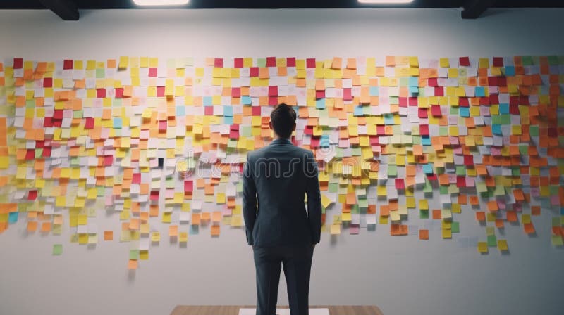Back View of Businessman Inspecting Wall-mounted, Multicolored Sticky ...