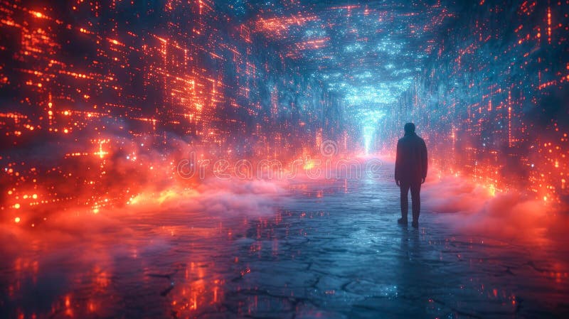 Back View of Businessman Looking at Abstract Glowing City. Future and ...