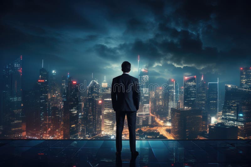 Back View of Businessman Looking at Night City Ai Generator Stock Image ...