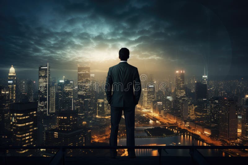 Back View of Businessman Looking at Night City Ai Generator Stock Photo ...