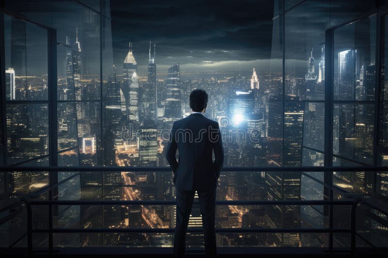 Back View of Businessman Looking at Night City Ai Generator Stock Image ...