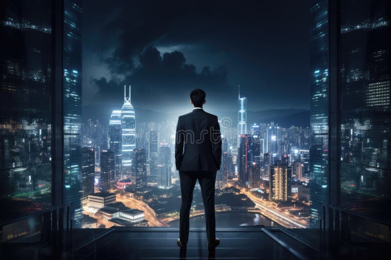Back View of Businessman Looking at Night City Ai Generator Stock Image ...
