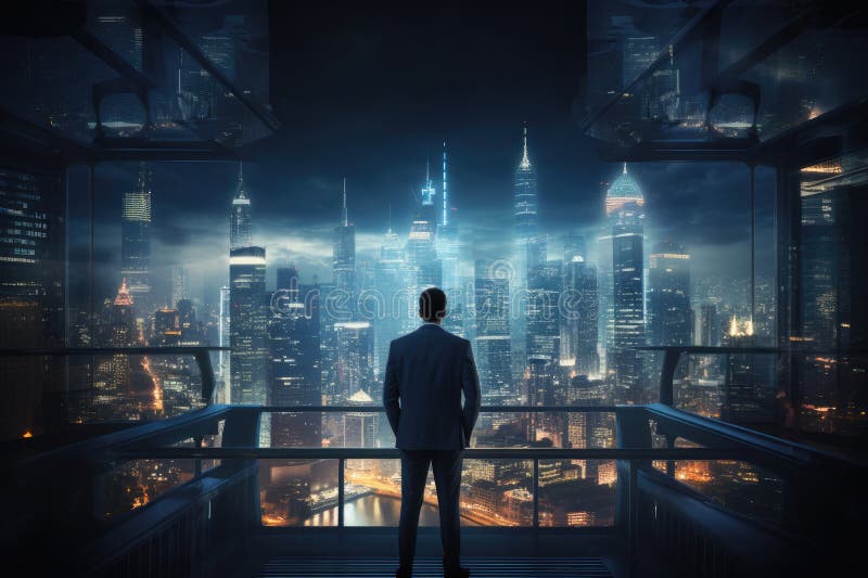Back View of Businessman Looking at Night City Ai Generator Stock Image ...