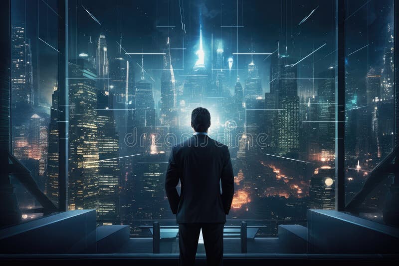 Back View of Businessman Looking at Night City Ai Generator Stock Photo ...