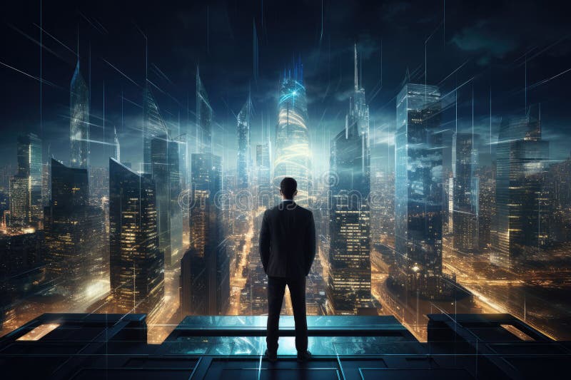 Back View of Businessman Looking at Night City Ai Generator Stock Photo ...
