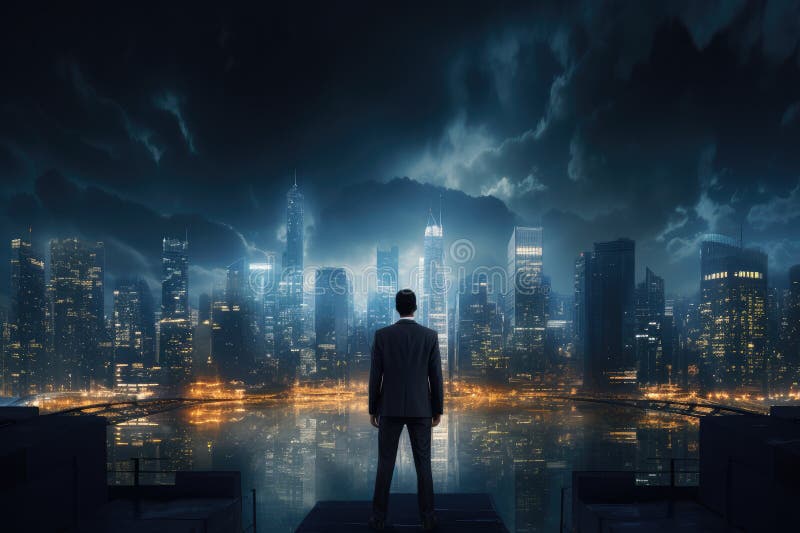 Back View of Businessman Looking at Night City Ai Generator Stock Photo ...