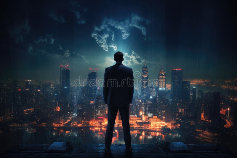 Back View of Businessman Looking at Night City Ai Generator Stock Image ...