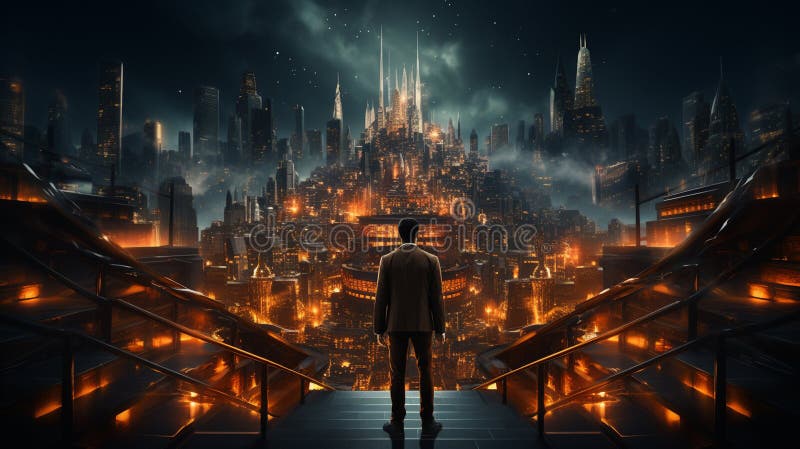 Back View Businessman Looking at Night City. Generative Ai Stock ...