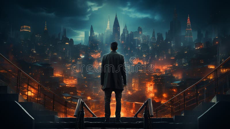 Back View Businessman Looking at Night City. Generative Ai Stock ...