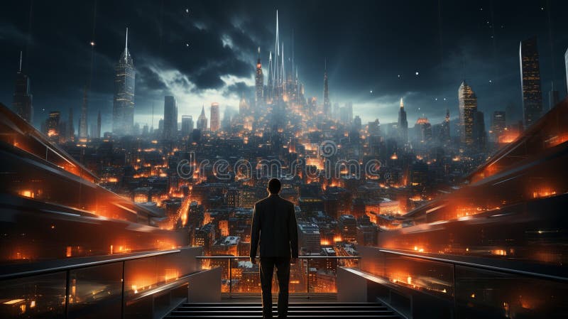 Back View Businessman Looking at Night City. Generative Ai Stock ...