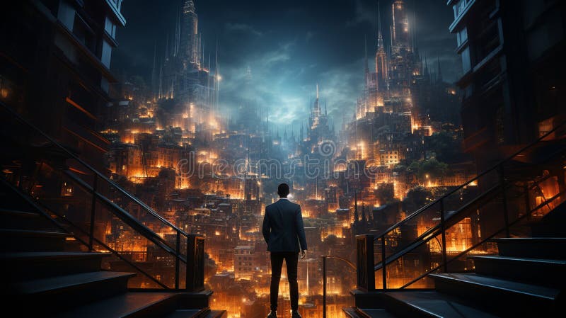 Back View Businessman Looking at Night City. Generative Ai Stock ...
