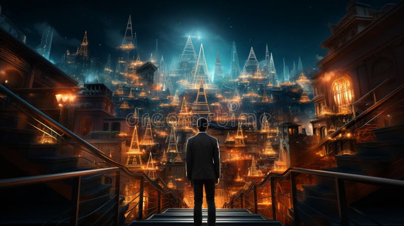 Back View Businessman Looking at Night City. Generative Ai Stock ...