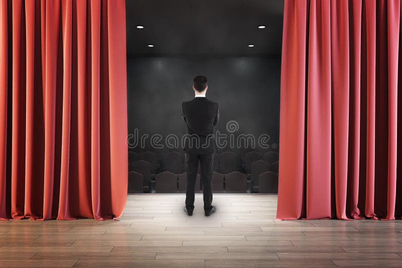 Back View of Businessman Looking at Stage from Behind Red Curtain ...