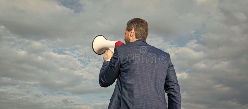 Back View of Businessman Shout in Loudspeaker on Sky Background ...