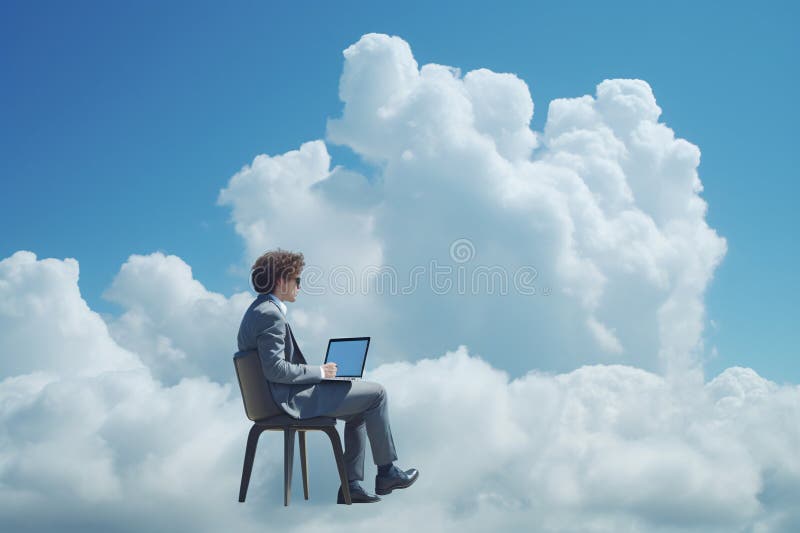 Back View of Businessman Sitting on Cloud, Working with Laptop, Not a ...