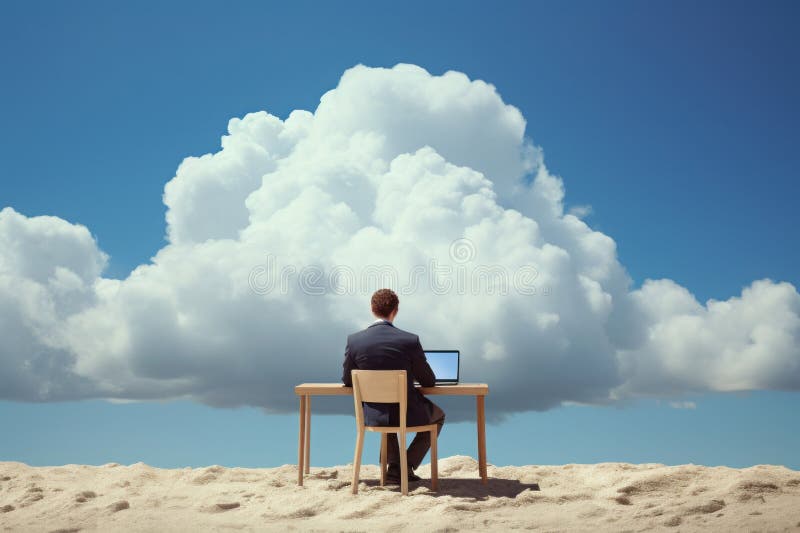 Back View of Businessman Sitting in Clouds Working with Laptop on the ...
