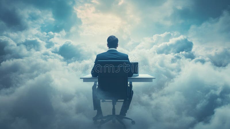 Back View of Businessman Sitting in Clouds Working with Laptop on the ...