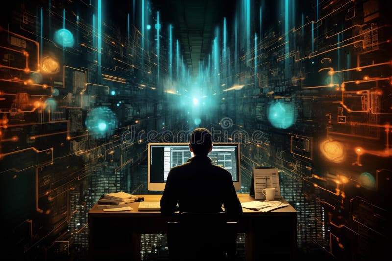 Back View of Businessman Sitting at Table in Office with Glowing Binary ...