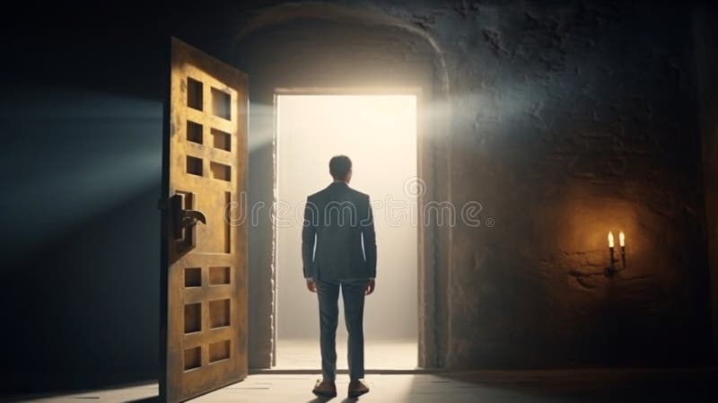 Back View of Businessman Standing in Abstract Key Opening in Wall with ...