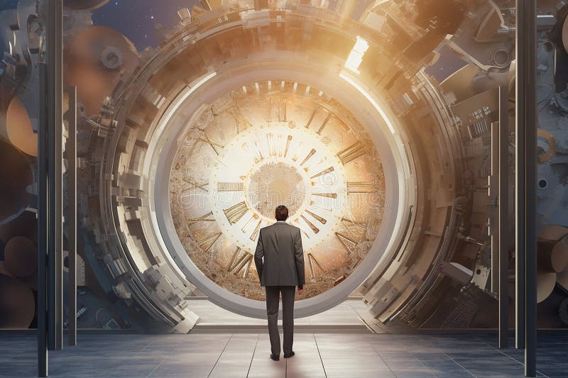 Back View of Businessman Standing in Front of the Big Clock with ...