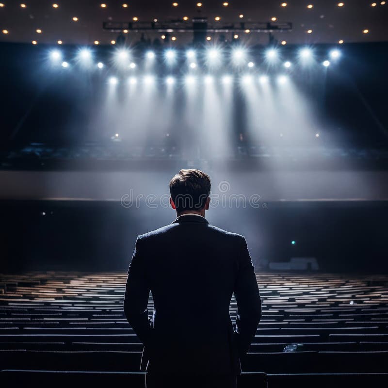 Back View of Businessman Standing in Front of Stage Lights and Looking ...