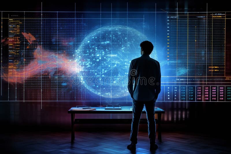 Back View of Businessman Standing Looking at Company Financial Economic ...