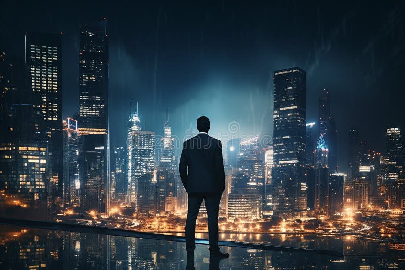 Back View of Businessman Standing Looking at the Skyscraper Building at ...