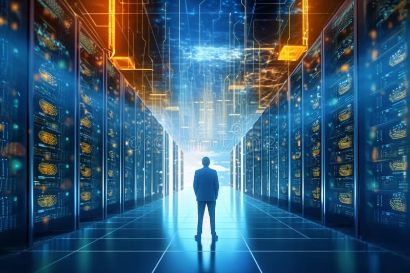 Back View of Businessman Standing in Server Room with Binary Code ...
