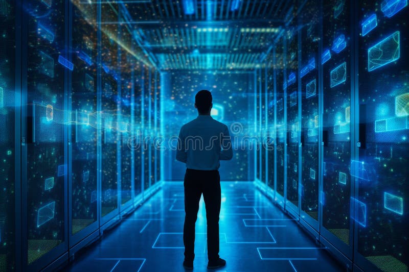 Back View of Businessman Standing in Server Room with Binary Code ...