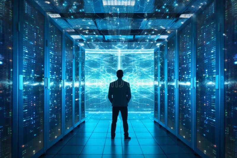 Back View of Businessman Standing in Server Room with Binary Code ...