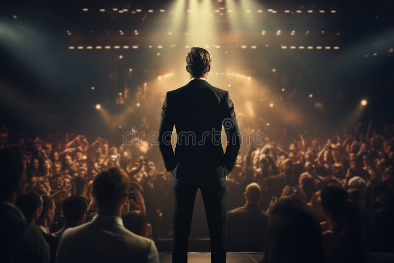 Back View of Businessman Standing on Stage in Front of Audience with ...