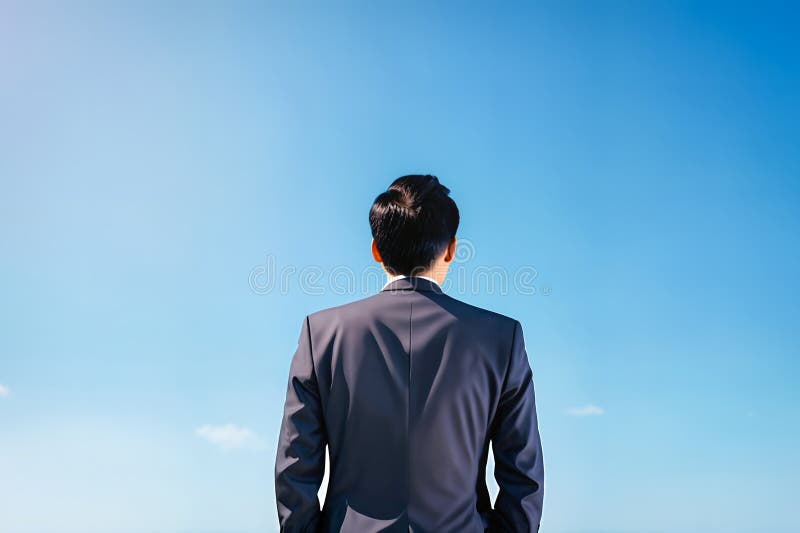 Back View of Businessman in a Suit Looking Up at a Clear Blue Sky ...