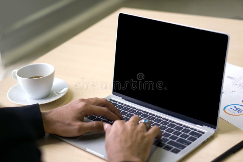 Back View of Businessman in Suit Sit at Desk in Office Typing on Laptop ...