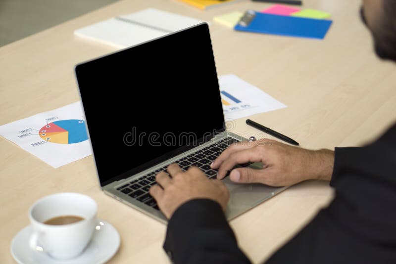 Back View of Businessman in Suit Sit at Desk in Office Typing on Laptop ...