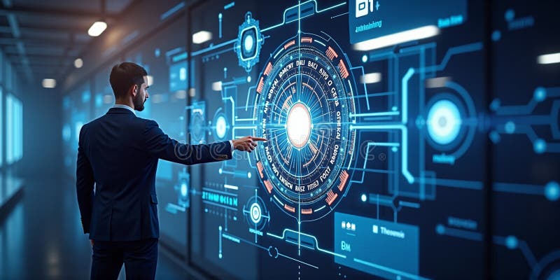 Businessman Looking at Futuristic Digital Circle Interface, Technology ...