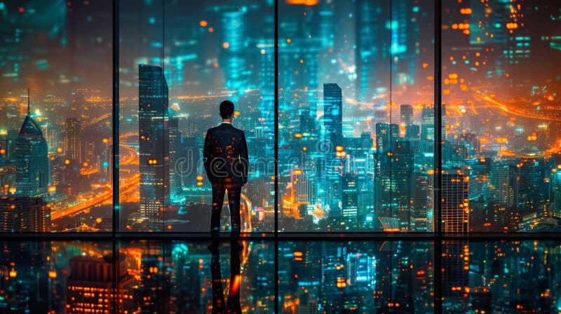 Back View of Businessman Suit Standing at Office Looking at Night City ...